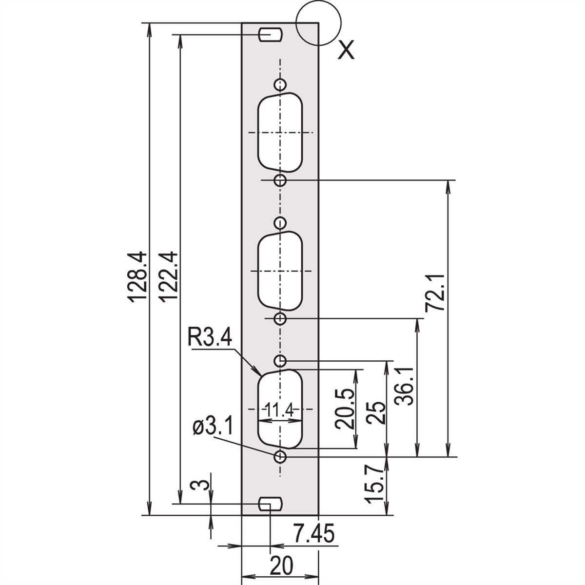 SCHROFF U-profile Front Panel, Shieldable, D-Sub Cutout, 3 U, 4 HP, 3 x ...
